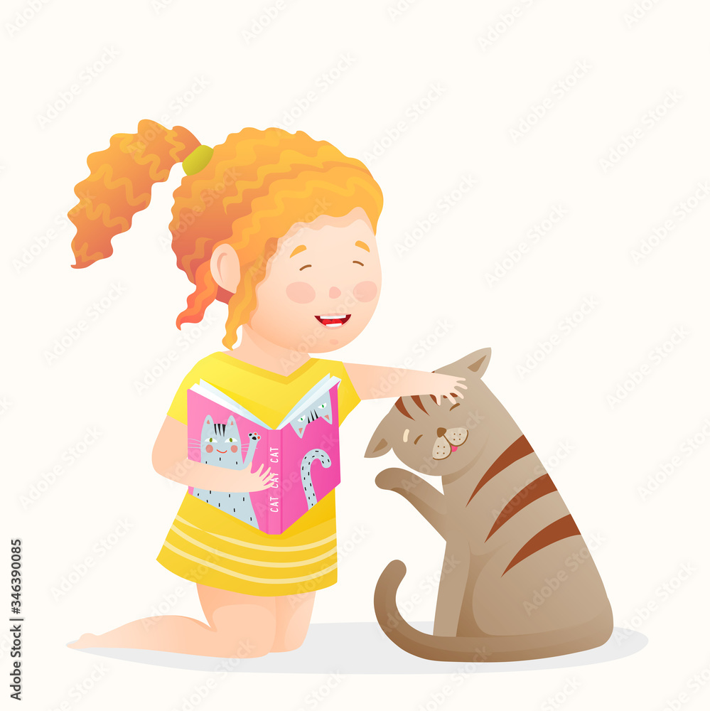 Happy girl playing reading book to her cat, cute little kid and kitten ...