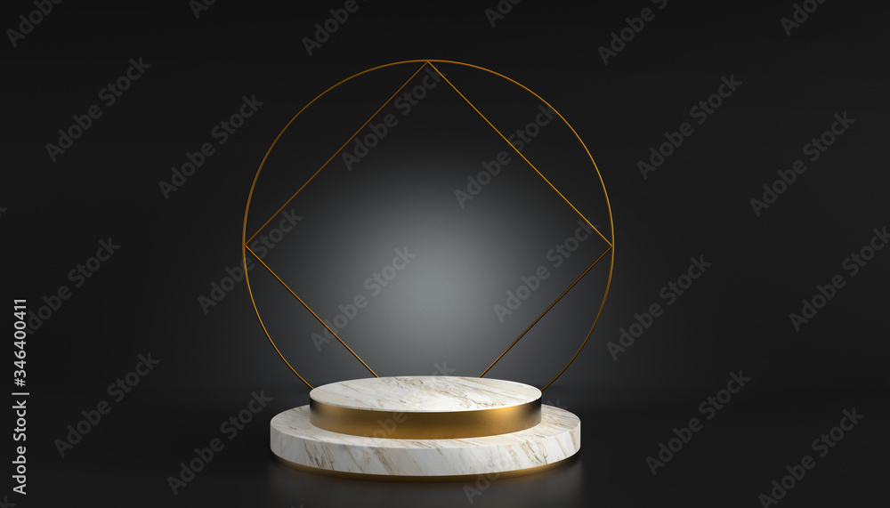 3d illustration of white marble podium isolated on luxury black ...