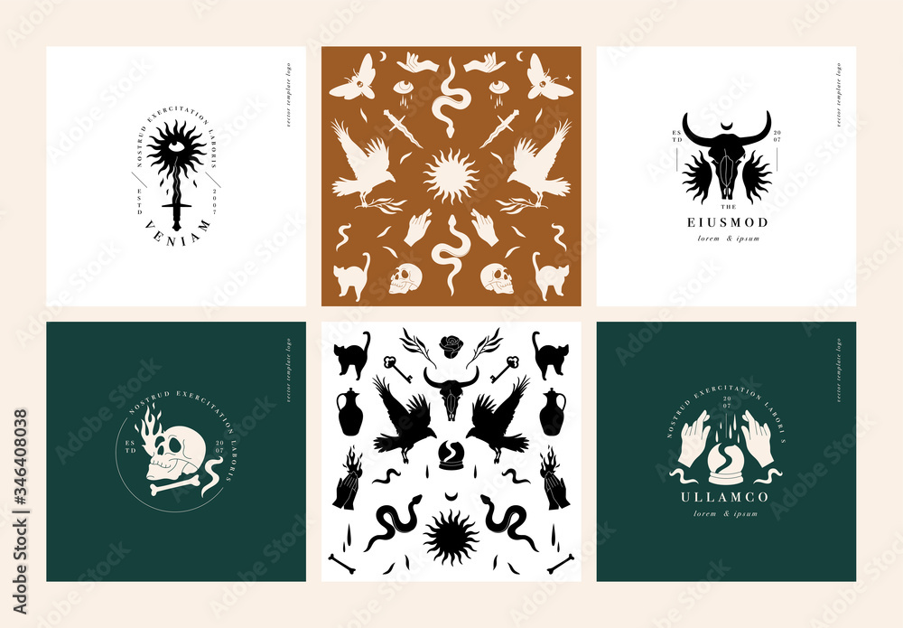 Vector illustration set of mystical icons and logos. Seamless pattern ...
