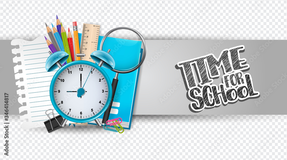 Time for school banner on transparent background with alarm clock ...