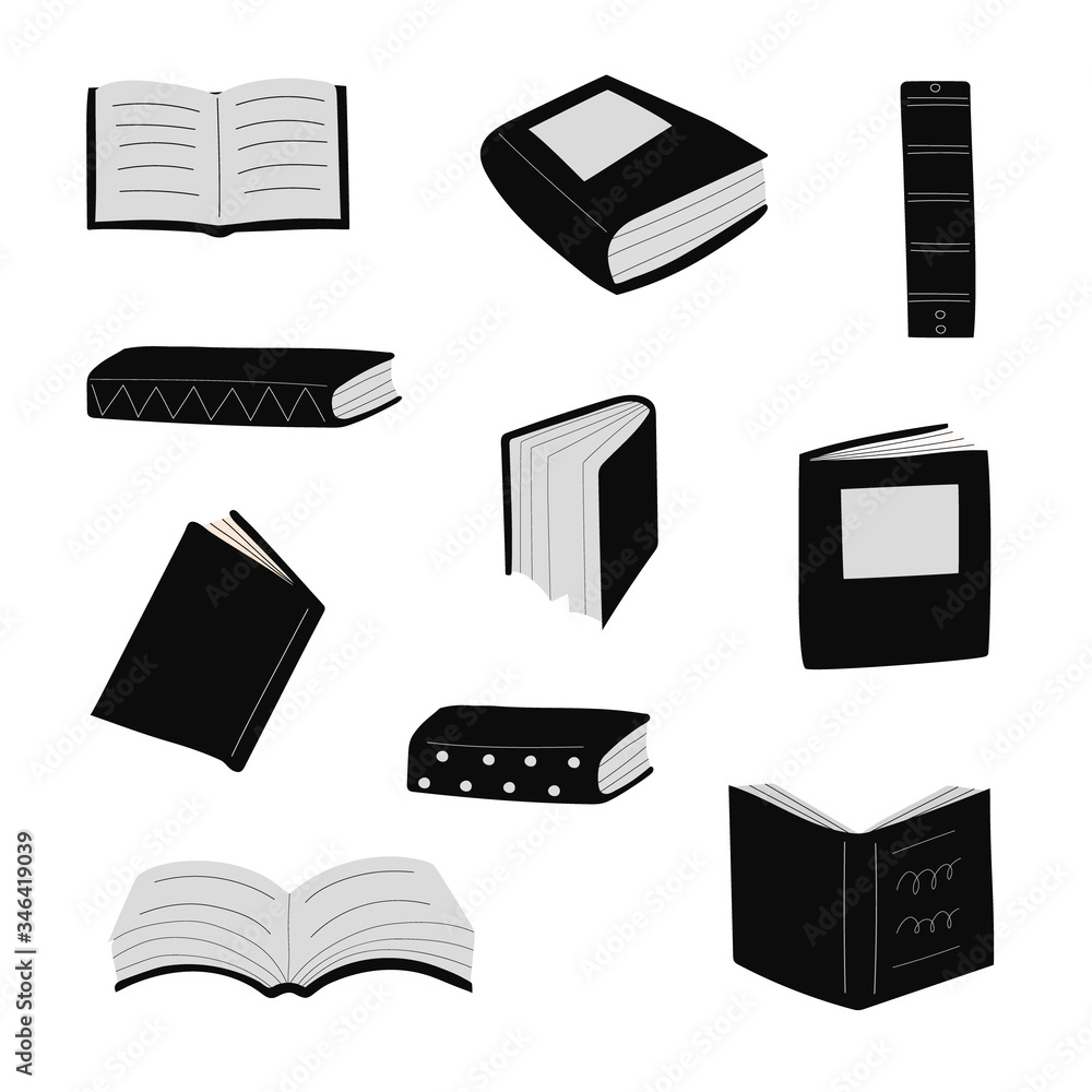 Big collection of different books silhouette. Isolated on white ...