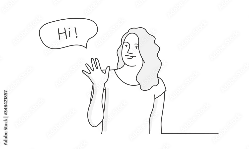 Girl waving hand. Contour drawing vector illustration. Line art. Stock ...