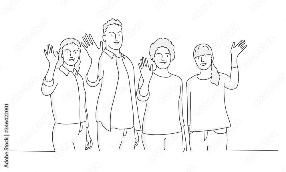 People waving hand. Contour drawing vector illustration. Line art ...