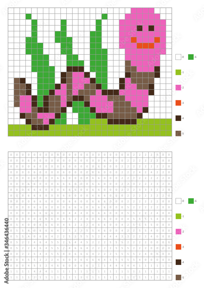Kids coloring page, pixel coloring cartoon earthworm. Vector ...