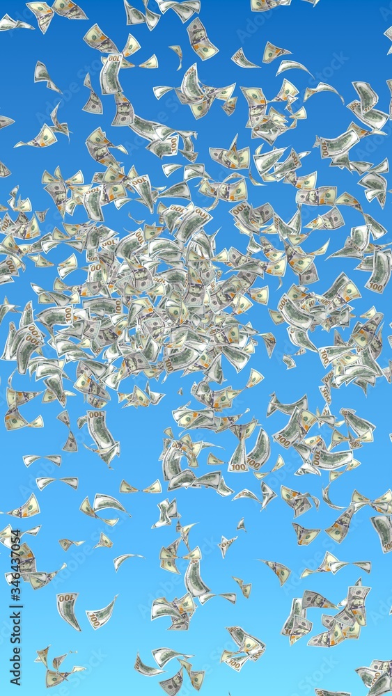 Flying dollars banknotes isolated on a blue background. Money is flying ...