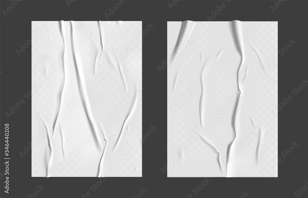 Glued paper set with wet transparent wrinkled effect on gray background ...