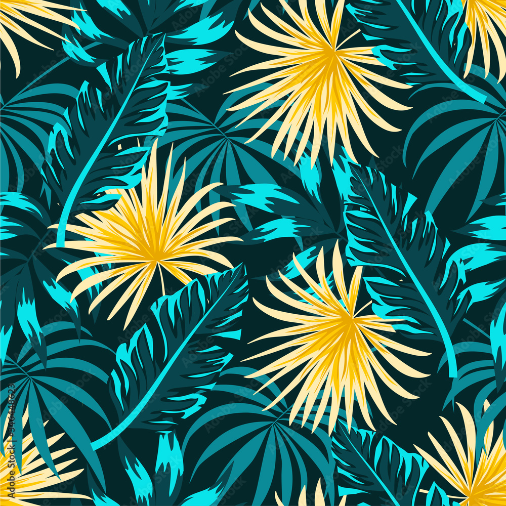 Seamless tropical pattern with yellow and blue plants on a dark ...