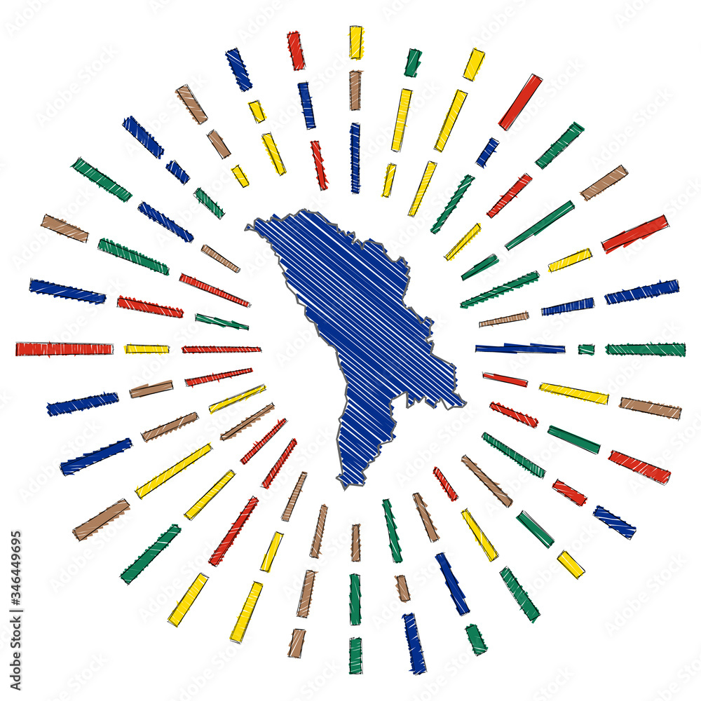 Sketch map of Moldova. Sunburst around the country in flag colors. Hand ...