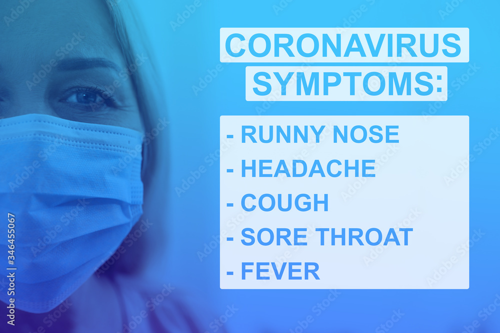 Mature woman with medical mask and list of coronavirus symptoms Stock ...