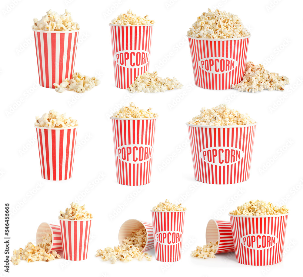 Set with buckets of tasty pop corn on white background Stock Photo ...