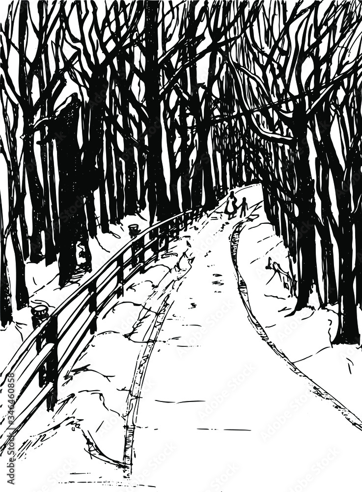 The road in the winter forest. The woman is walking with a small child ...