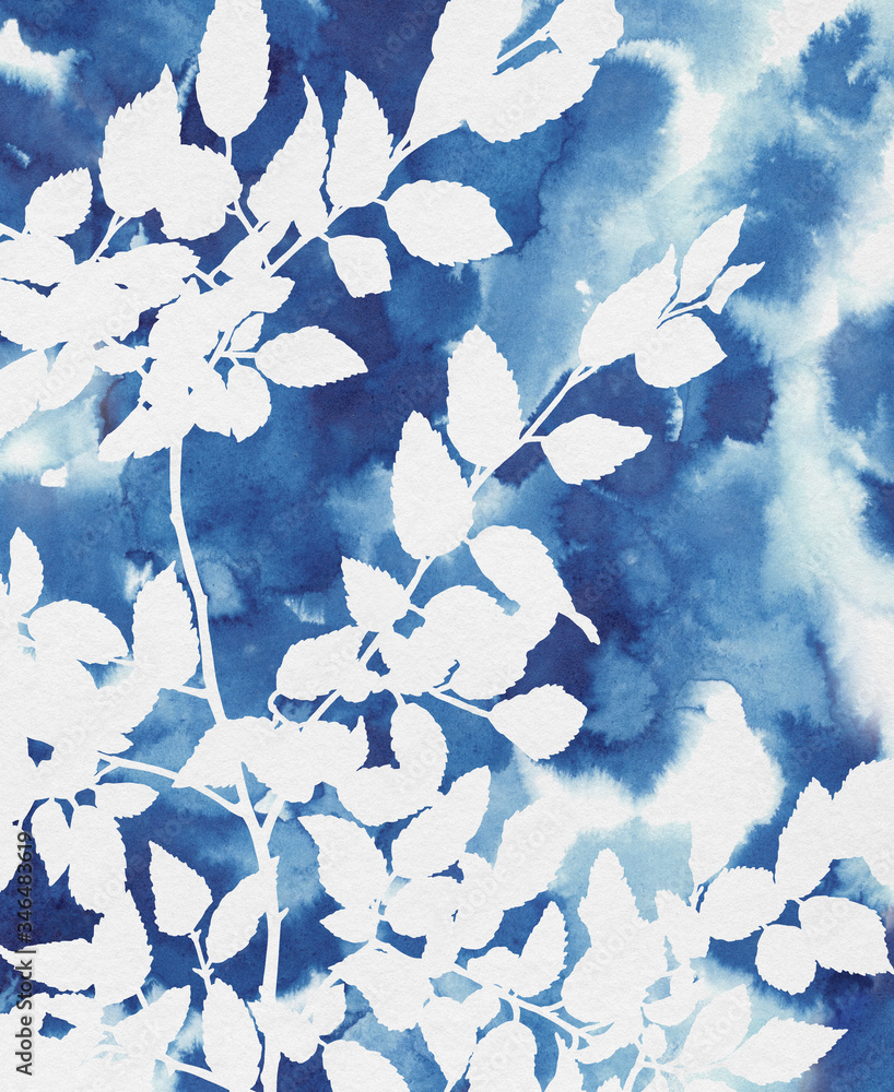 Beautiful white branches, indigo watercolor background. Decorative ...