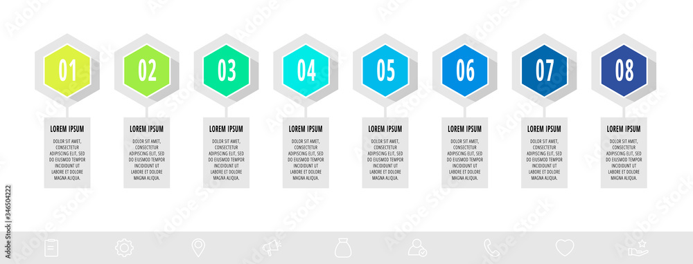 Hexagon infographic design template with 8 options and arrows. Vector ...