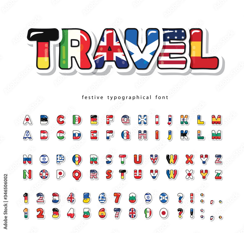 World flags cartoon font. Bright decorative alphabet. There are 2 ...