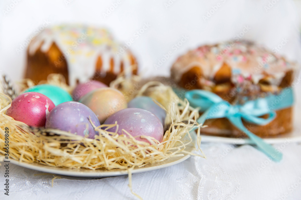 Pascal cake and colored eggs for the traditional celebration of the ...