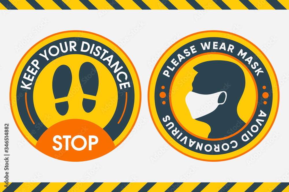 Yellow Round Sticker for print. Keep your distance and Please wear Mask ...