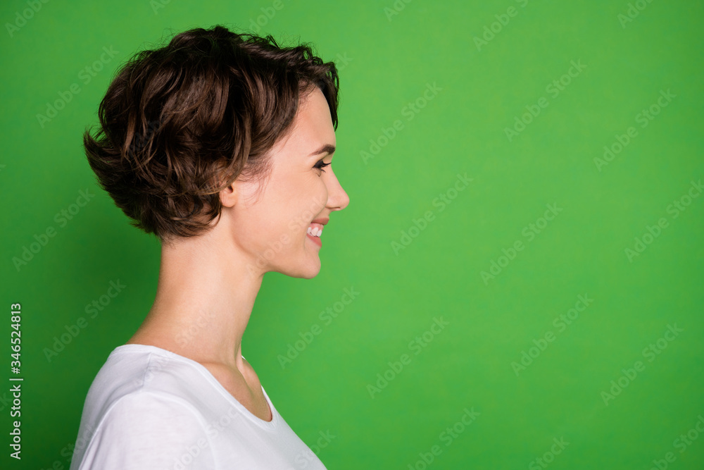 Closeup profile photo of attractive cheerful lady good mood beaming ...