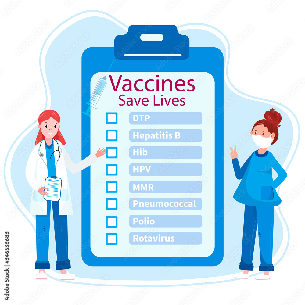 Time to vaccinate. Check list with vaccines, as Polio, DTP, Hepatitis B ...