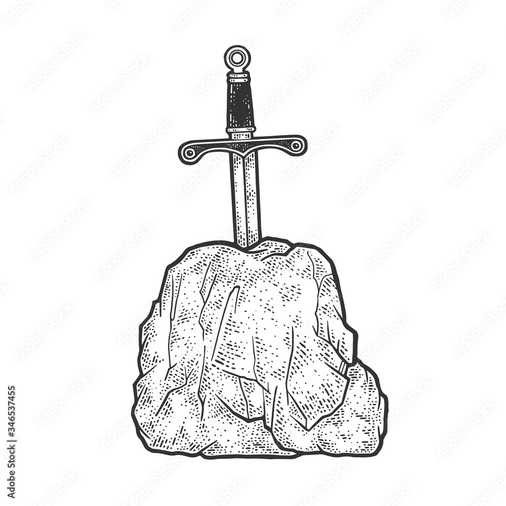Excalibur legend sword in stone sketch engraving vector illustration. T ...