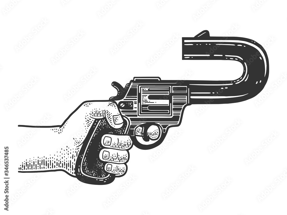 absurd revolver with a curved barrel pointing back sketch engraving ...