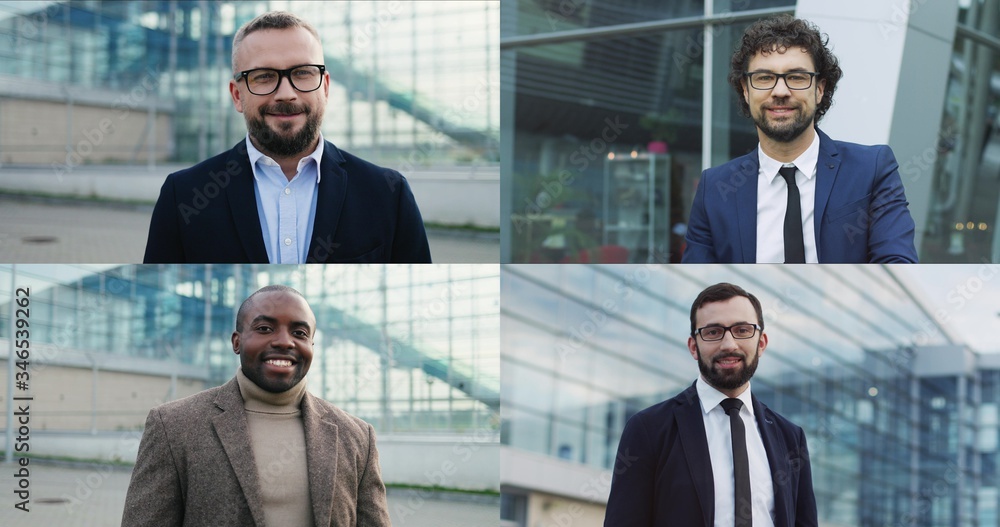 Collage of different classy businessmen in suits standing outdoor in ...