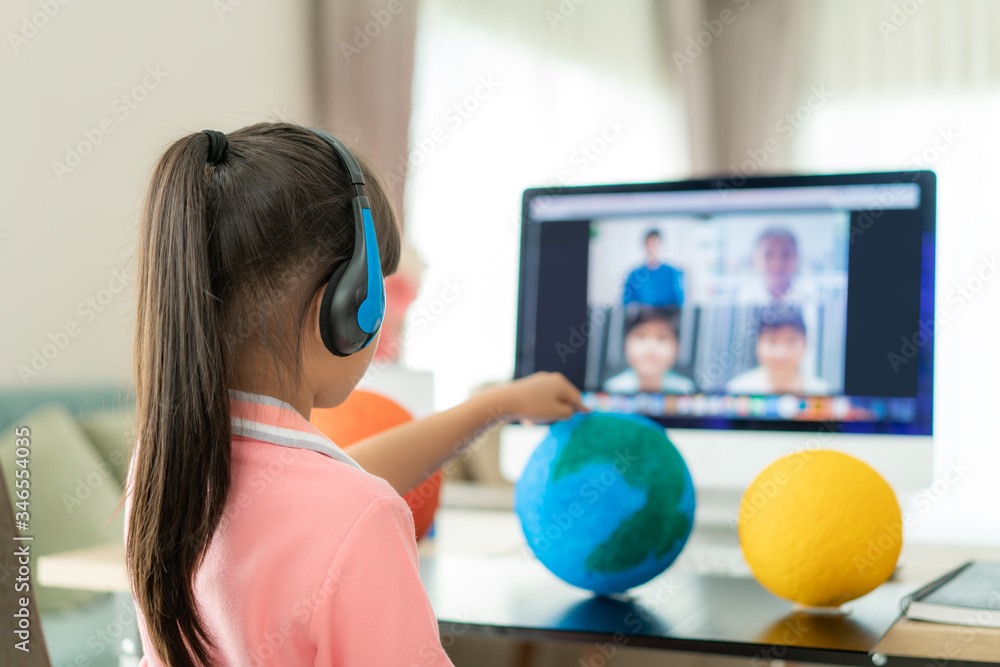 Asian girl student live learning video conference with teacher and ...