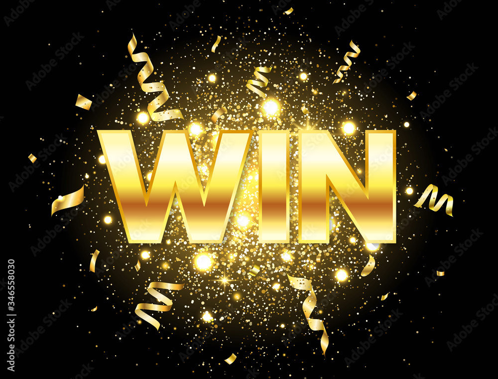 Win golden text with glitter, sparkles and falling confetti. Bright ...