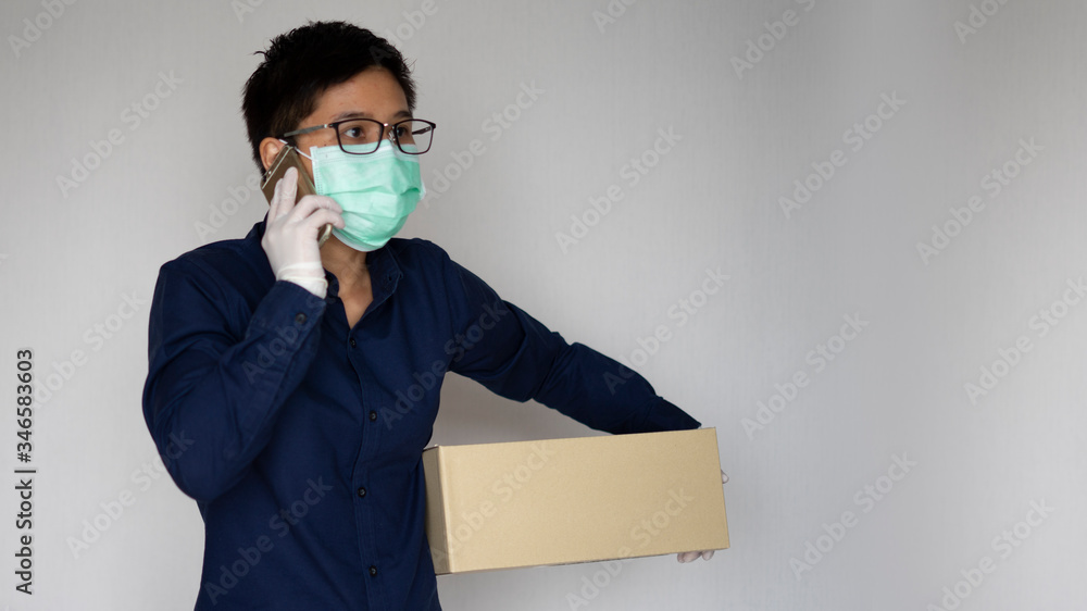 The employee delivery man courier and calling customer paper package ...