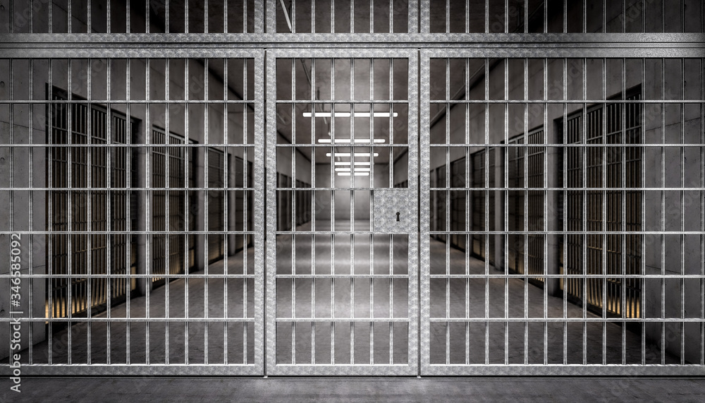 detail in a corridor of a prison with bars and front door. Stock Photo ...