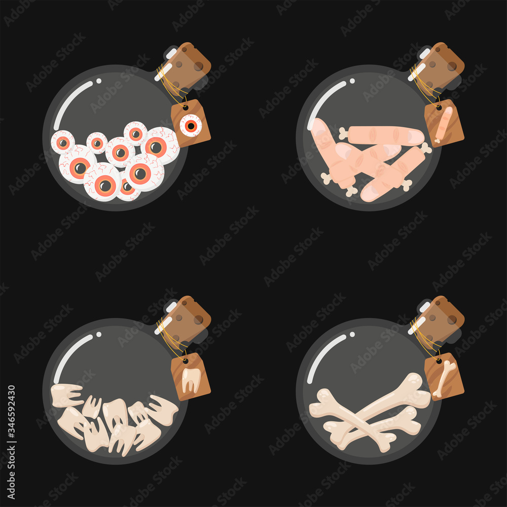 Game icon of ingredients, bottles with different resources. Interface ...