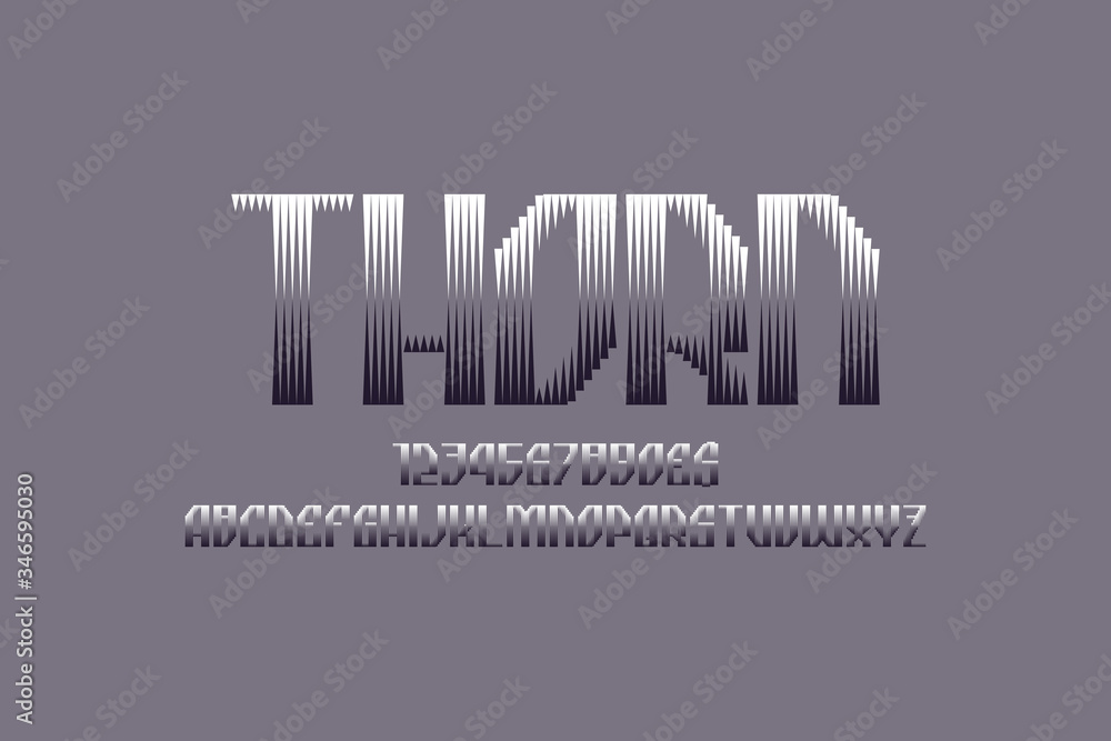 Thorn artistic display font. Bicolor halftone letters, numbers and ...