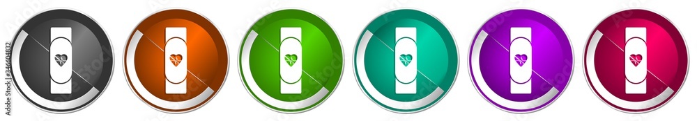 Smart band icon set, smartwatch, fitness silver metallic chrome border ...