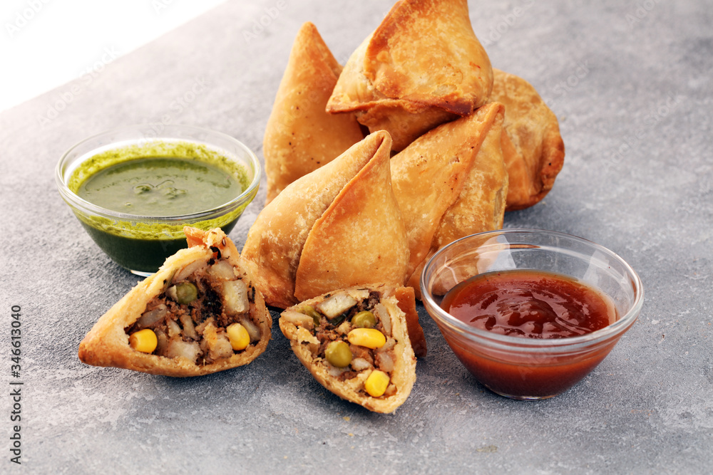 Vegetarian samsa or samosas.Indian special traditional street food ...