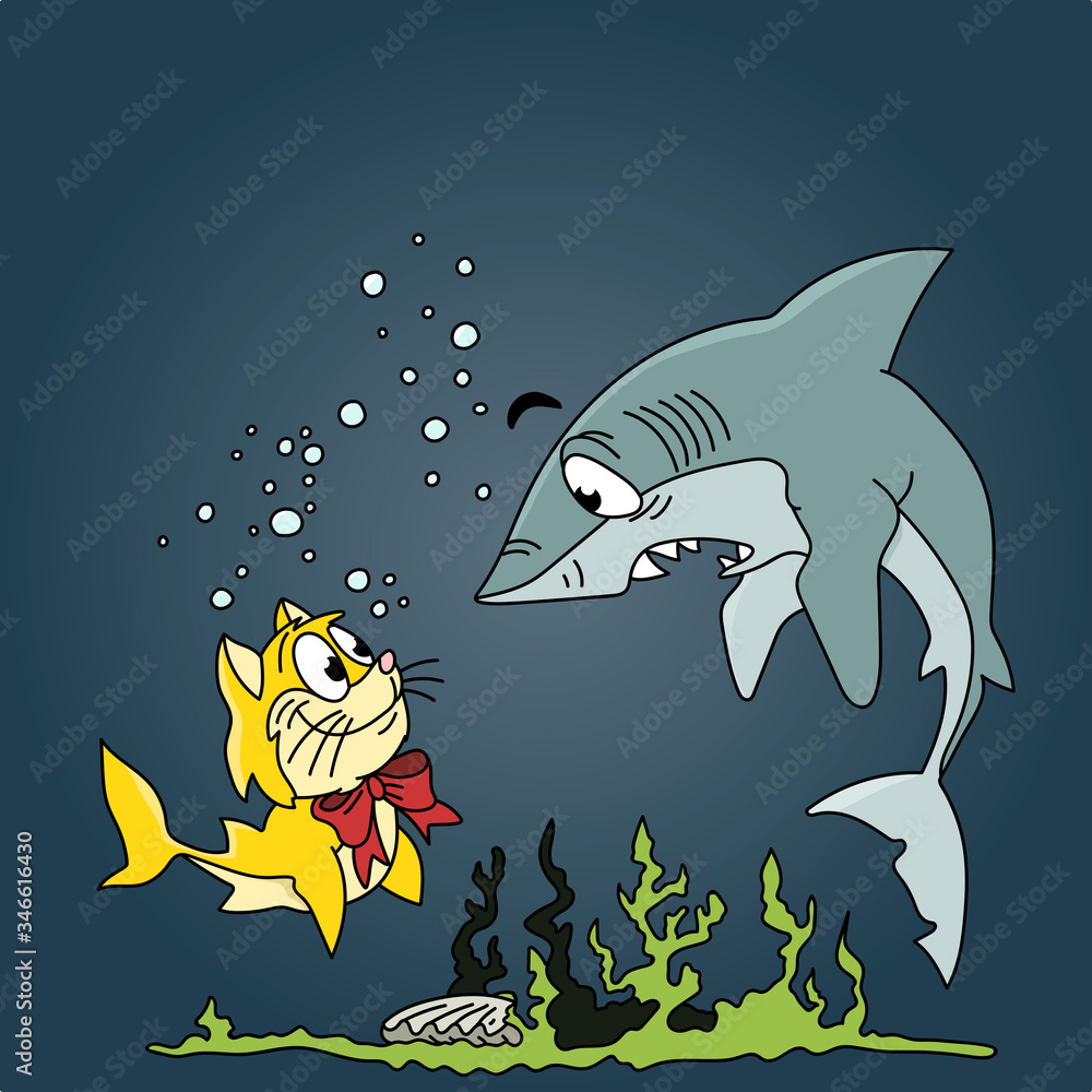 Cartoon great white shark and catfish swimming under water vector ...