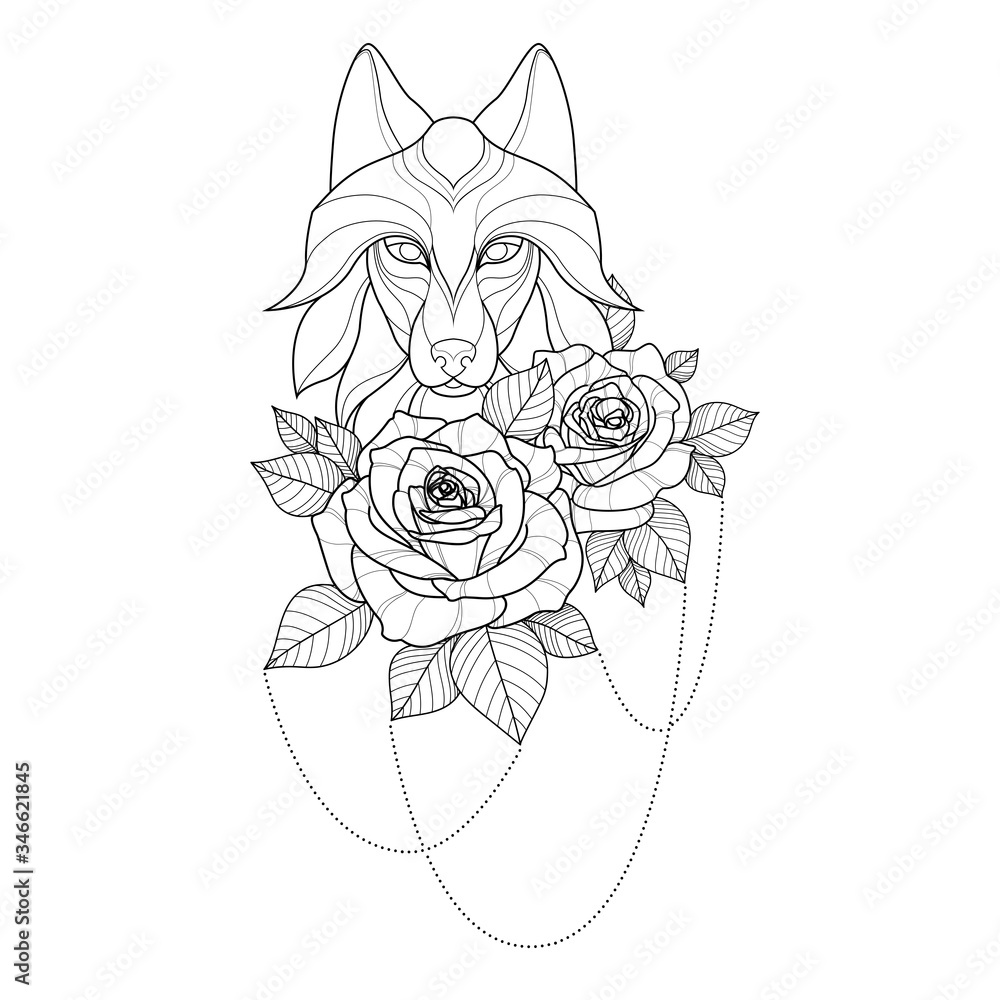 Linear hand drawing wolf with roses flowers for greeting card ...