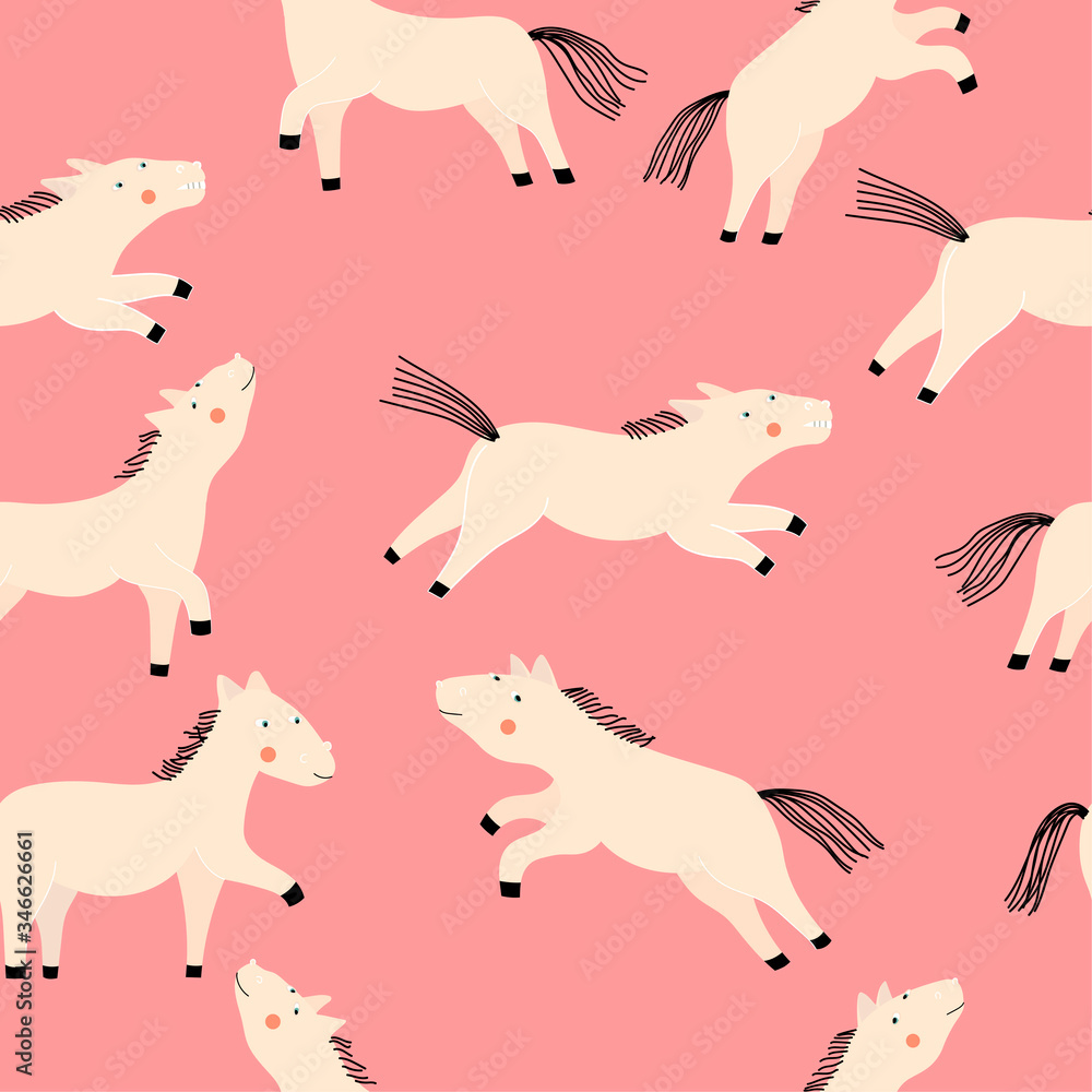 Cute pattern with different pink horses on the pink background. Cute ...