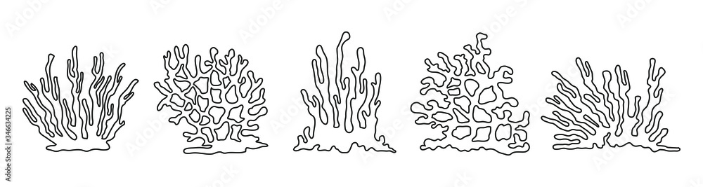 Set of simple coral reef elements isolated on white background. Black ...