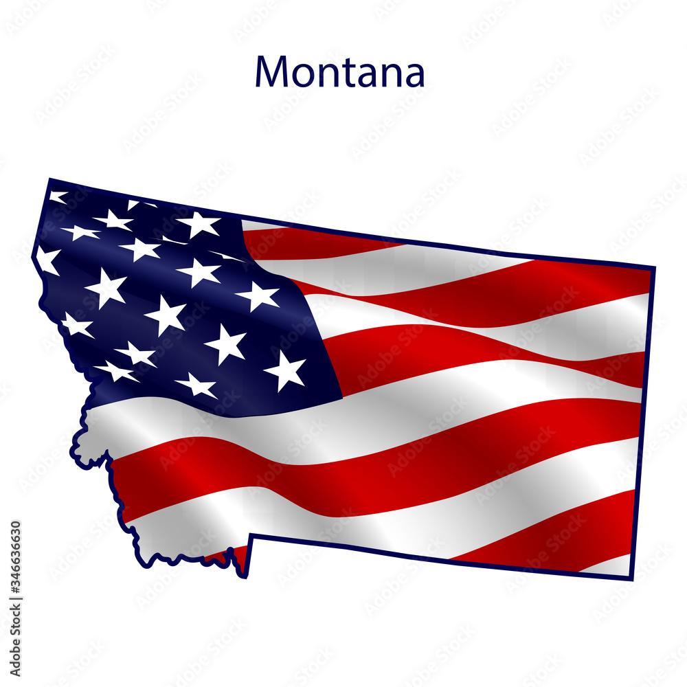 Montana full of American flag waving in the wind. The outline of the ...
