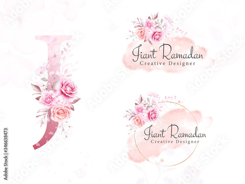 Logo set of watercolor flowers for initial J of soft floral, leaves ...