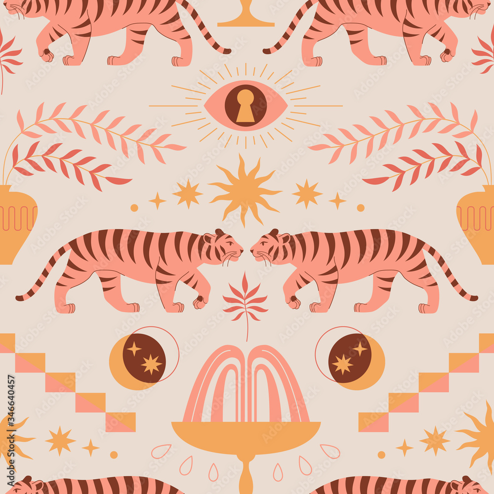 Seamless pattern with chinese tigers in boho asian style. Beautiful ...