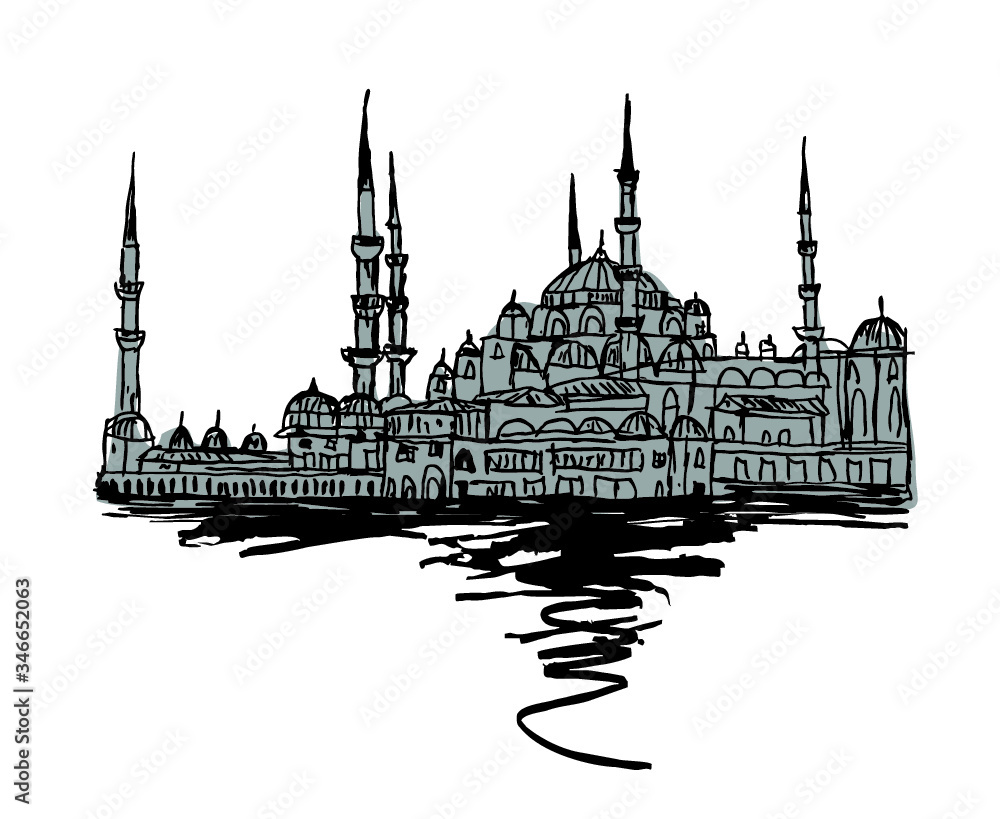 Istanbul Sultanahmet mosque hand drawing sketch print and embroidery ...