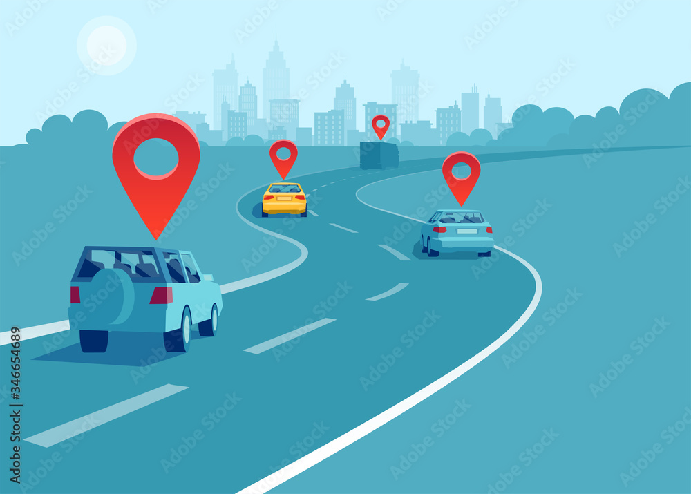 Vector of cars and trucks driving on a highway with geo location signs ...
