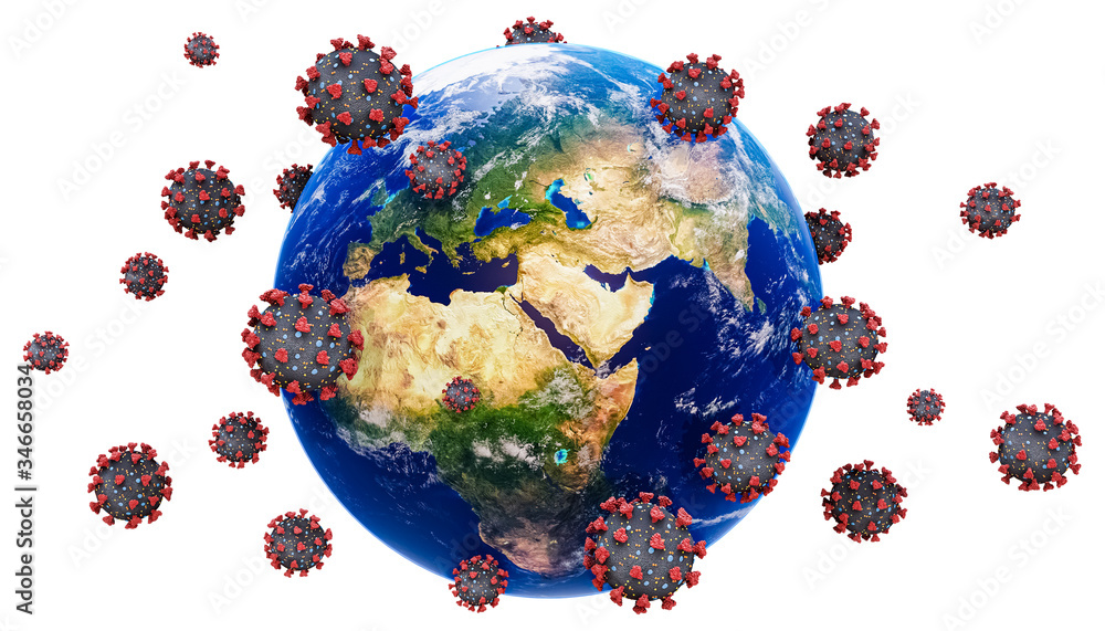 Planet Earth and coronavirus or covid virus cells isolated on white ...