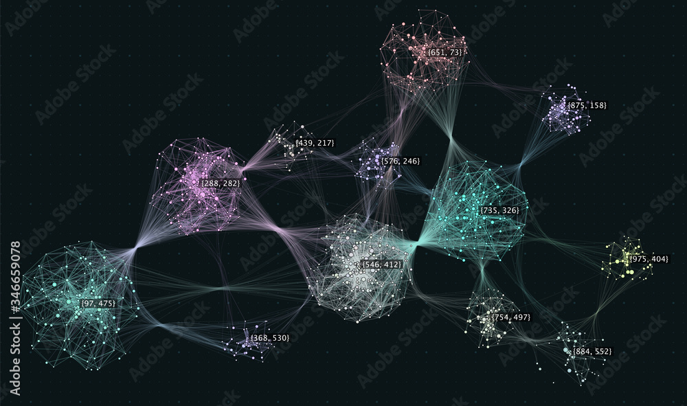 Big data visualization. Cluster computing network. Social media ...