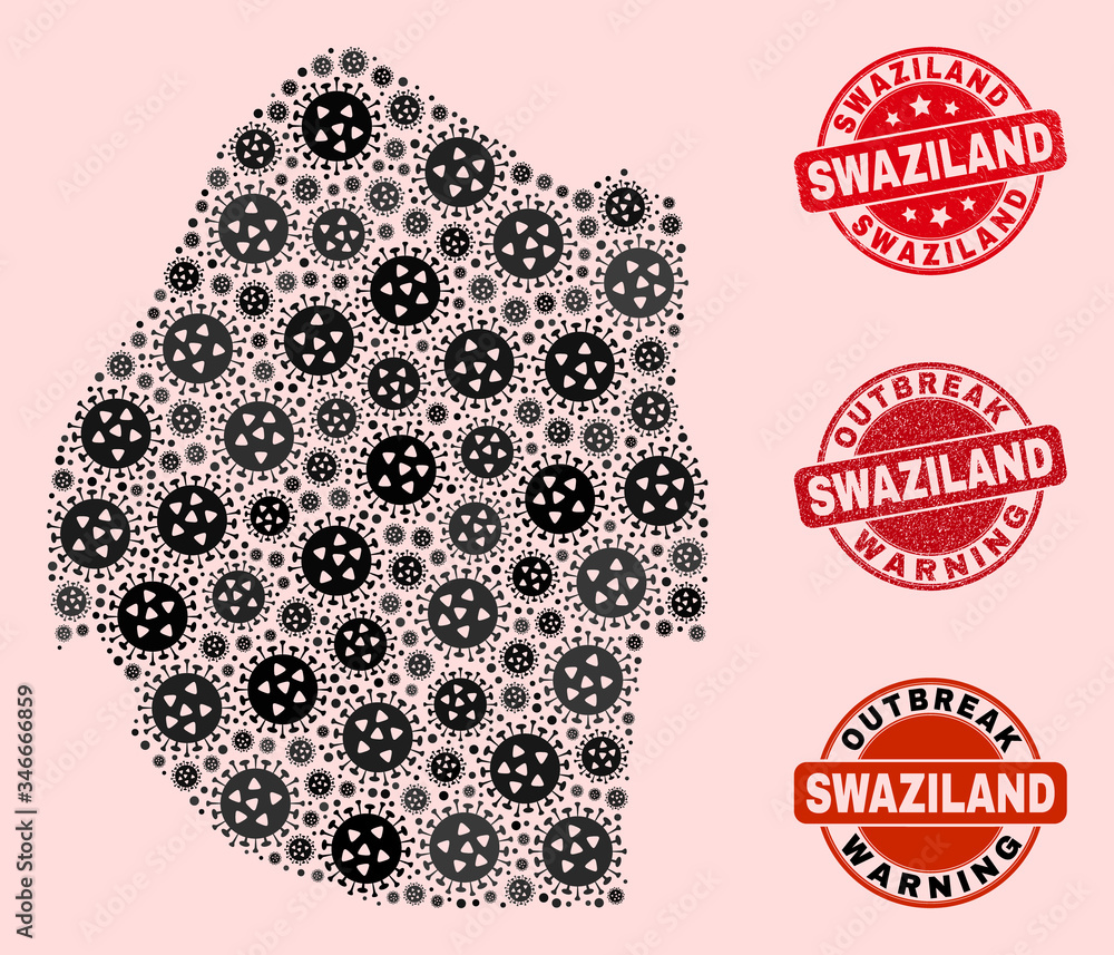 Outbreak composition of pandemic mosaic Swaziland map and rubber stamps ...