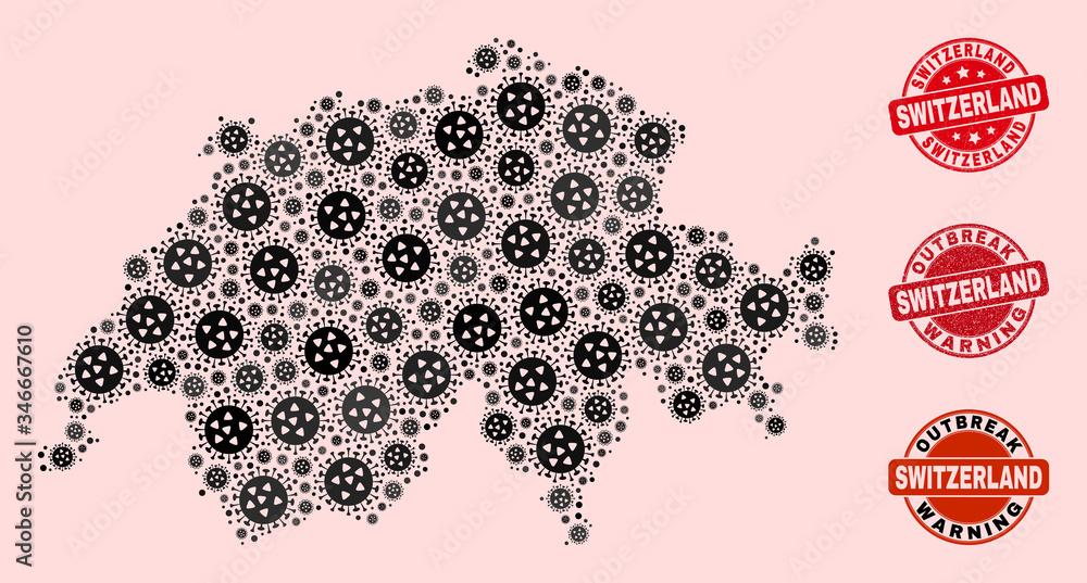 Outbreak collage of virus mosaic Switzerland map and rubber seal stamps ...