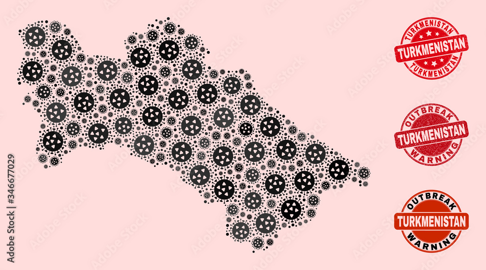 Outbreak collage of infection mosaic Turkmenistan map and rubber seals ...