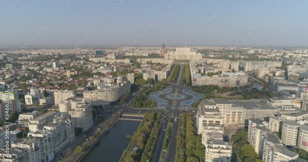 Bucharest beautiful drone video. Span, central part of the city ...
