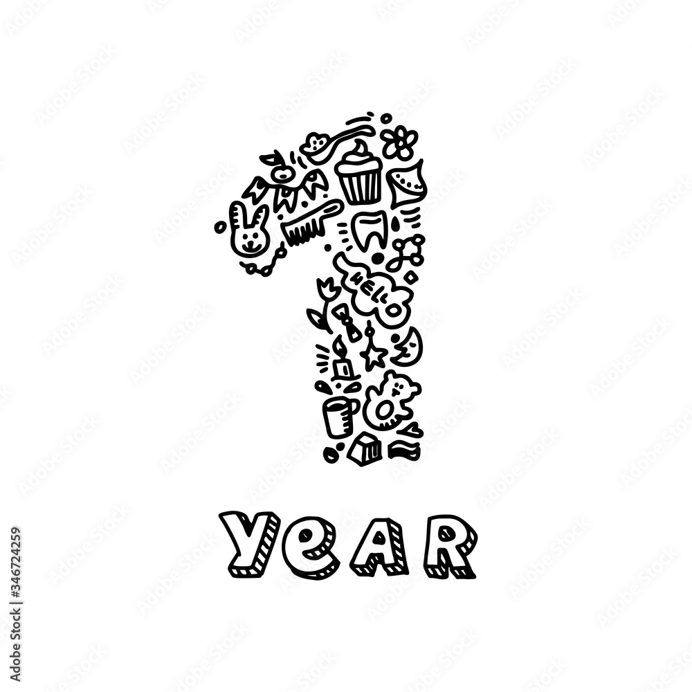 1 year Nice vector doodle cards template with number one year. Happy ...