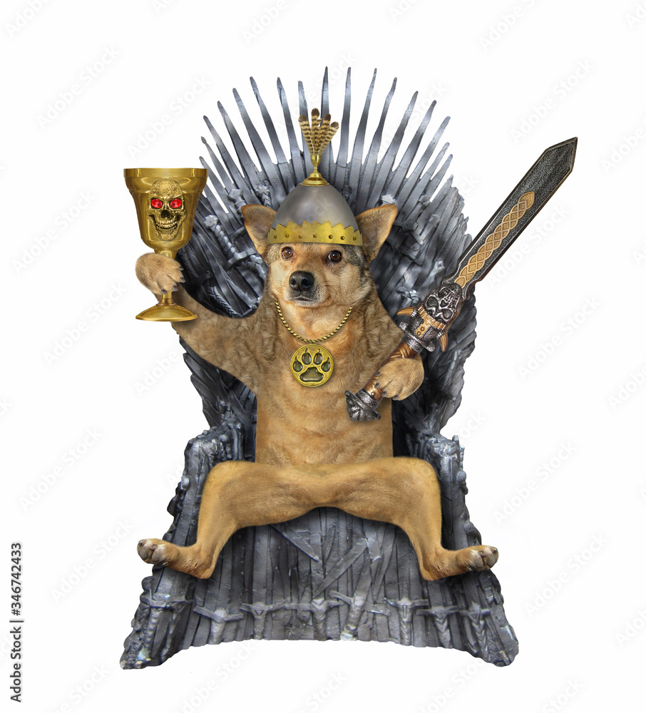 The beige dog king in a helmet with an inlaid sword and a gold cup is ...